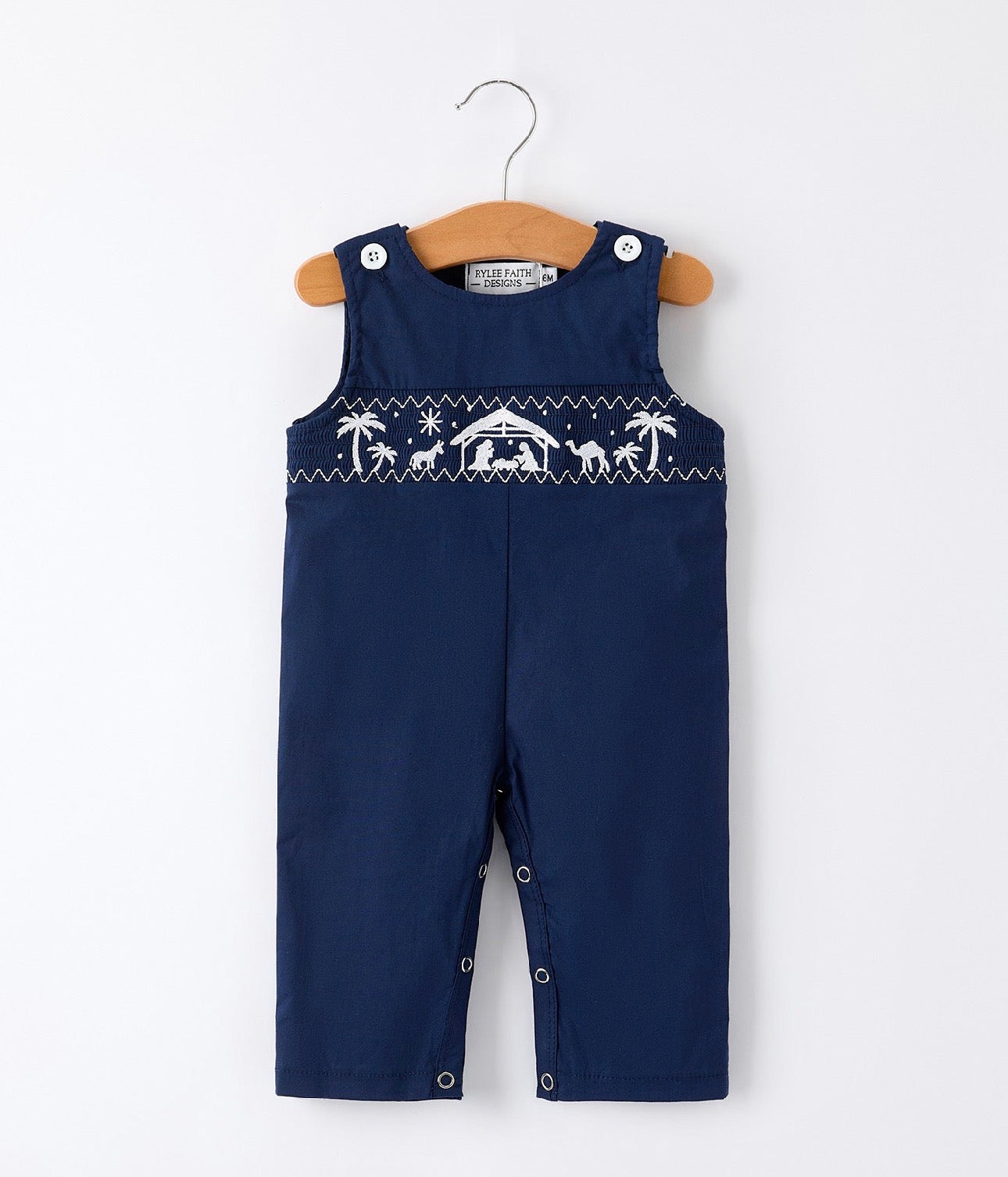 RTS- Dark Blue Nativity Smocked Overalls – Two Oaks Co.